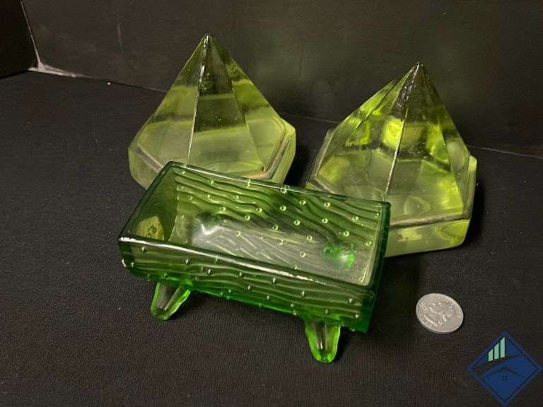 Vintage Green Glass Pyramid Paper Weight & Green Glass Trough - Estate ...
